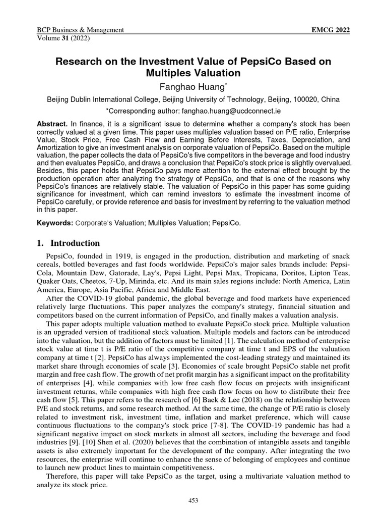 PepsiCo Valuation Analysis 2022 | PDF | Valuation (Finance) | Pepsi Co