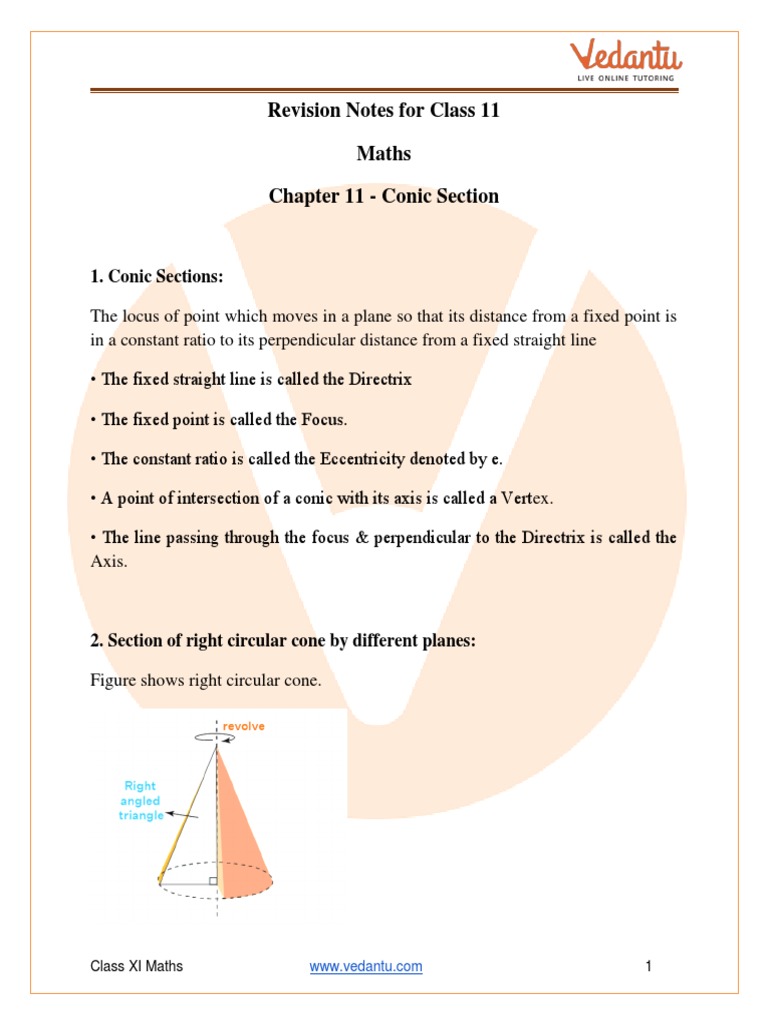 Revision Notes for Class 11 Maths Chapter 11 - Conic Sections | PDF ...