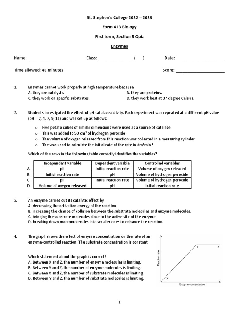 St. Stephen’s College 2022 – 2023 IB Biology Form 4 Quiz on Enzymes ...