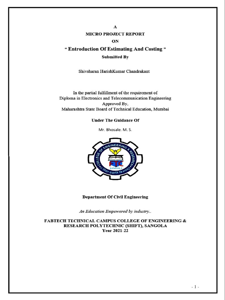 Micro Project of Eac On Introduction of Estimation & Costing | PDF
