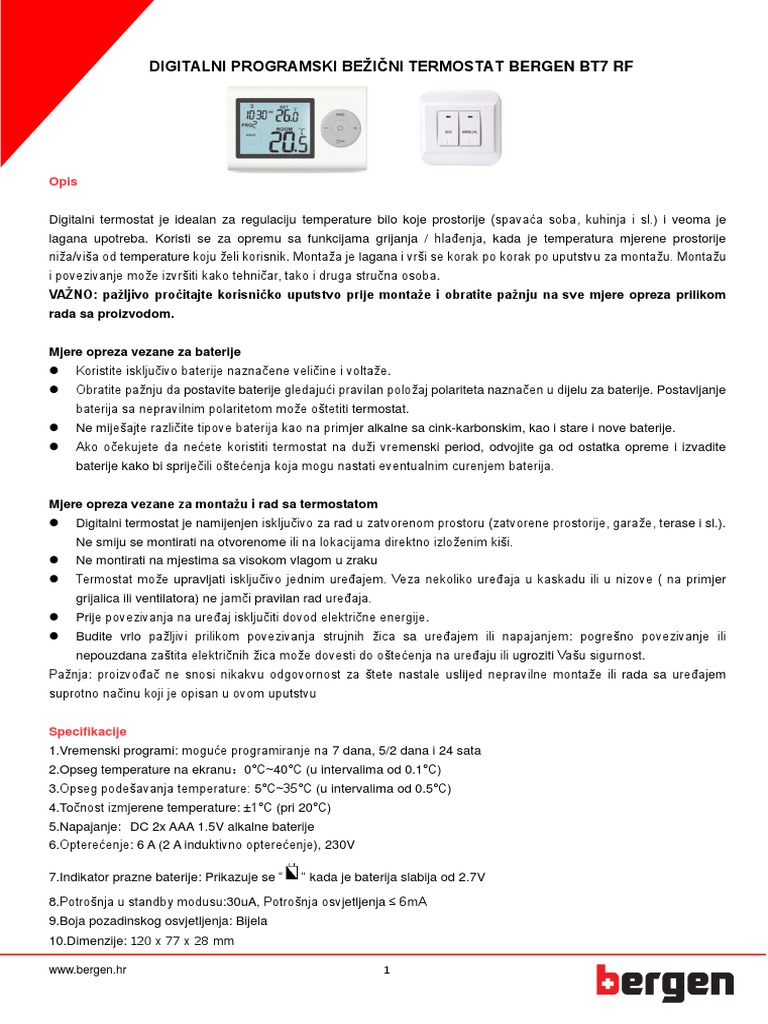 Sobni Termostat Bergen Bt7 RF Upute Za Korisnika | PDF