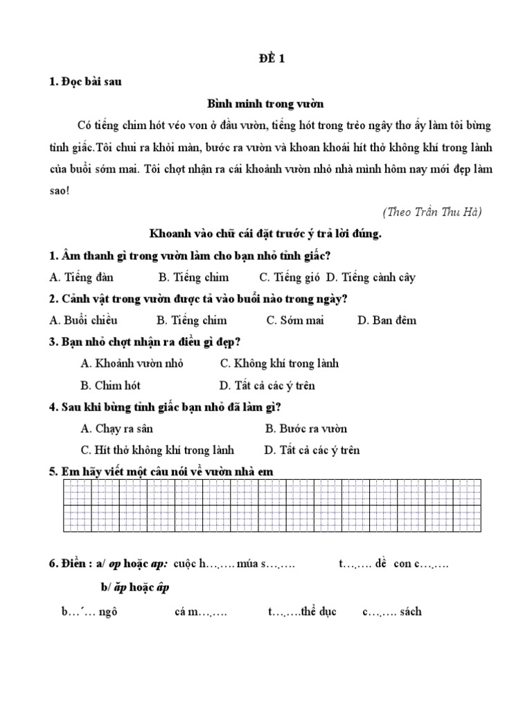 10 ĐỀ TV LỚP 1 CK2 | PDF