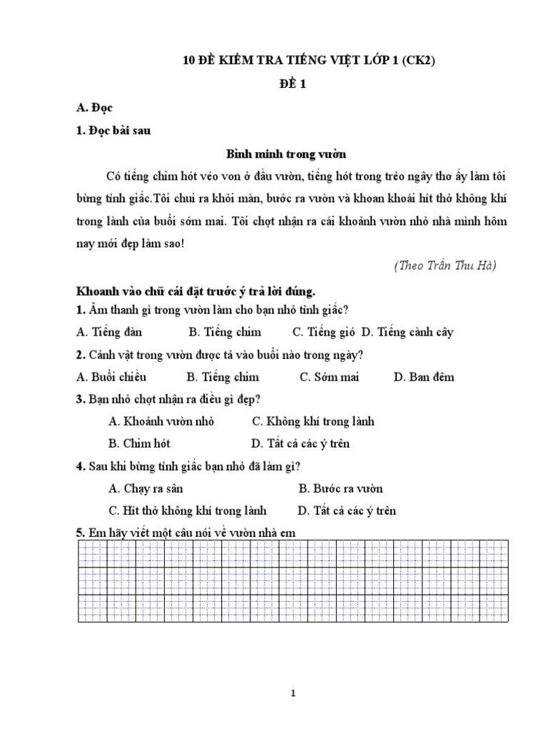 10 ĐỀ TV LỚP 1 CK2 | PDF