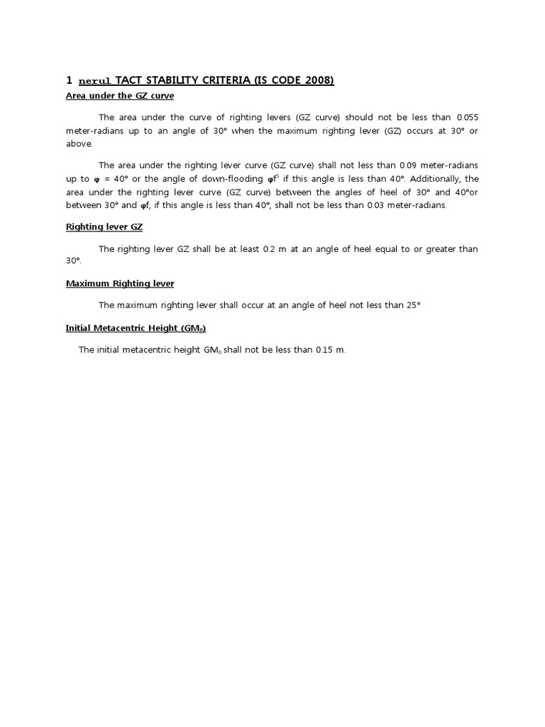 1 Nerul Tact Stability Criteria (Is Code 2008) : Area Under The GZ ...