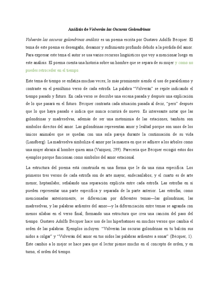 Análisis de Volverán Las Oscuras Golondrinas | PDF | Poesía | Amor