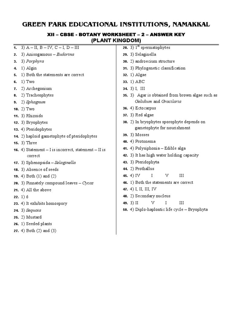 XII - CBSE - Worksheet - 2 - Plant Kingdom - Answer Key | PDF