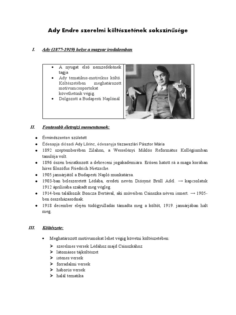 Ady Endre Szerelmi Költészetének Sokszínűsége-tétel | PDF