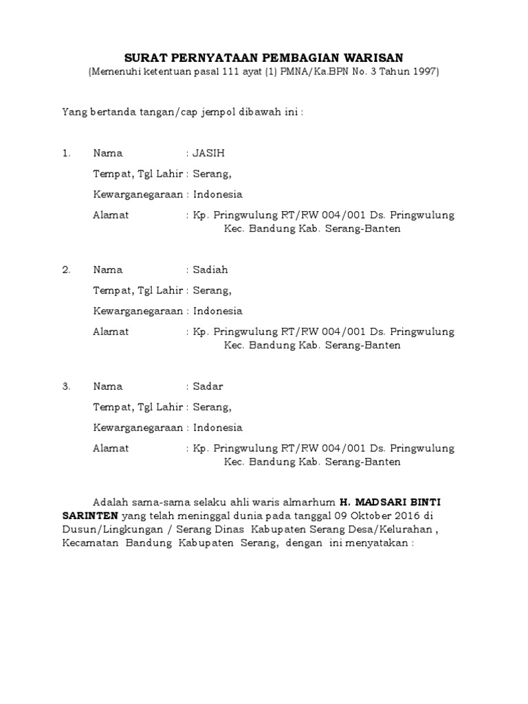 Surat Pernyataan Pembagian Warisan | PDF | Hukum | Griya & Taman