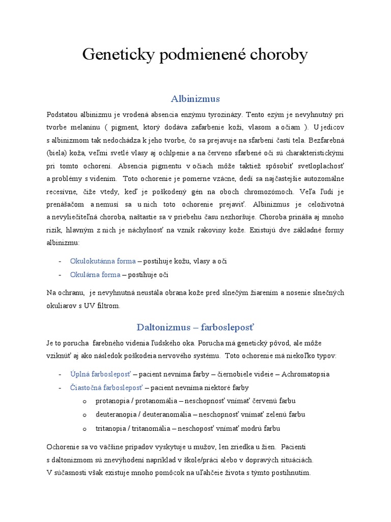 Geneticky Podmienené Choroby - Albinizmus A Daltonizmus - Kramárová ...