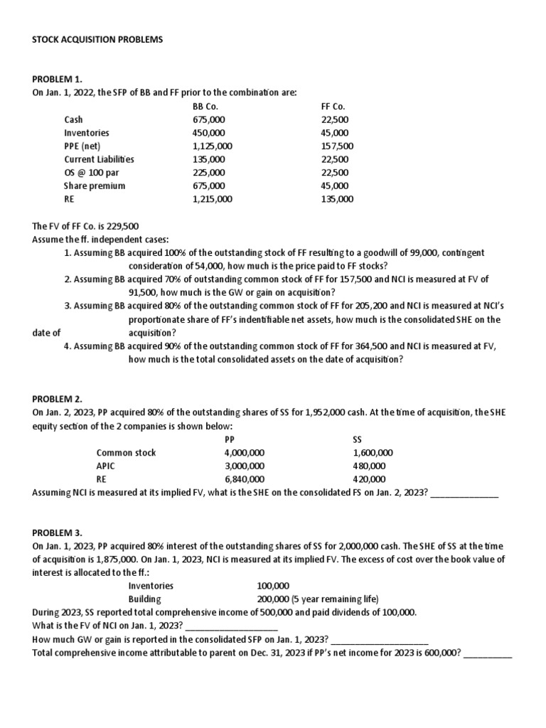 Stock Acquisition Problems | PDF | Stocks | Book Value
