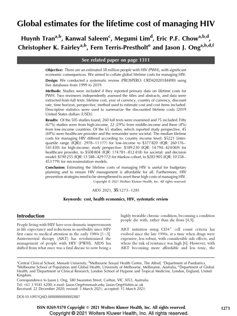 Global Estimates For The Lifetime Cost of Managing.13 | PDF | Hiv/Aids ...