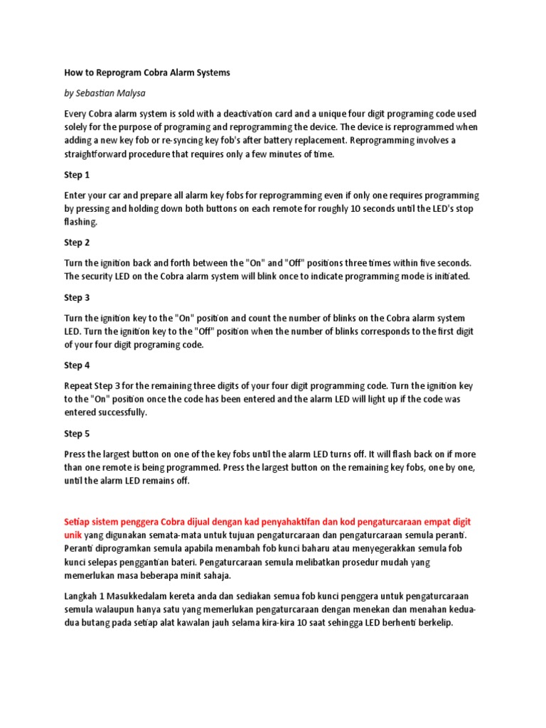 How To Reprogram Cobra Alarm Systems | PDF | Manufactured Goods ...