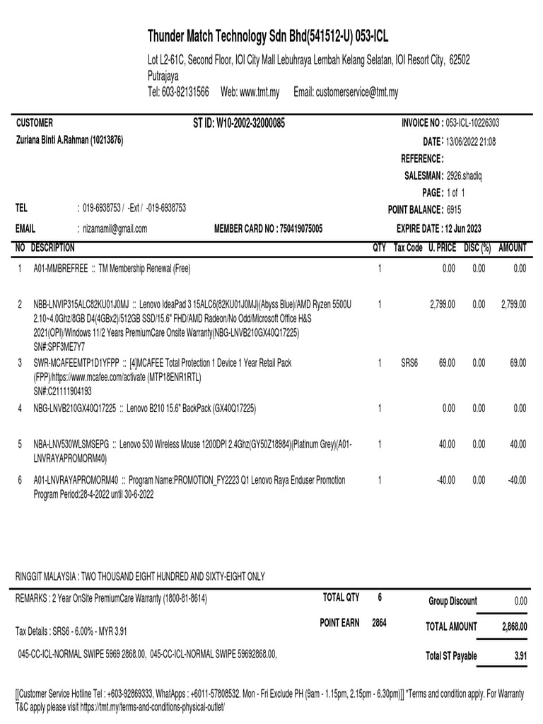 Thunder Match Technology Sdn Bhd Customer Invoice | PDF | Computer ...