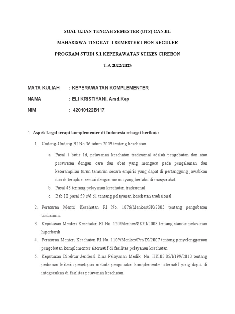 Soal Ujian Tengah Semester Komplementer | PDF | Kesehatan Holistik | Sains & Matematika
