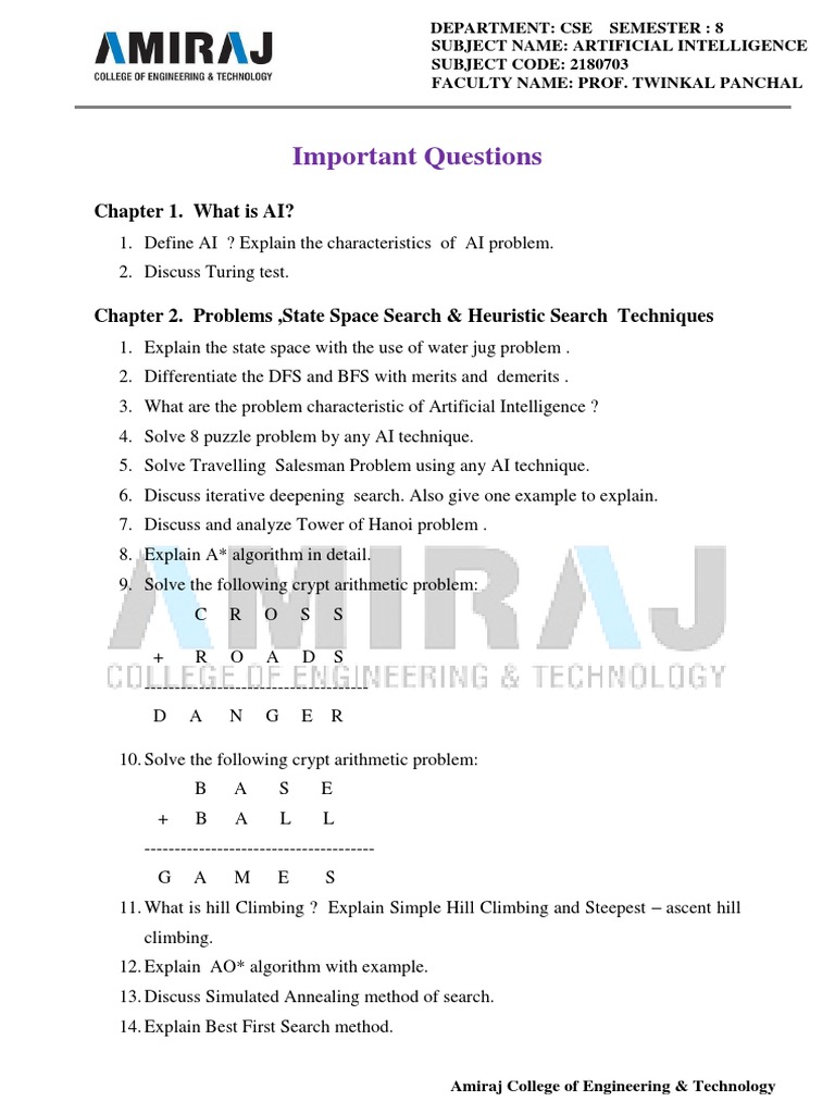 Ai Question Bank Pdf Artificial Intelligence Intelligence Ai