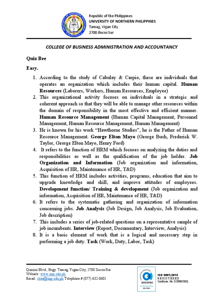 Quiz Bee BMAP | PDF | Human Resource Management | Organizational Behavior
