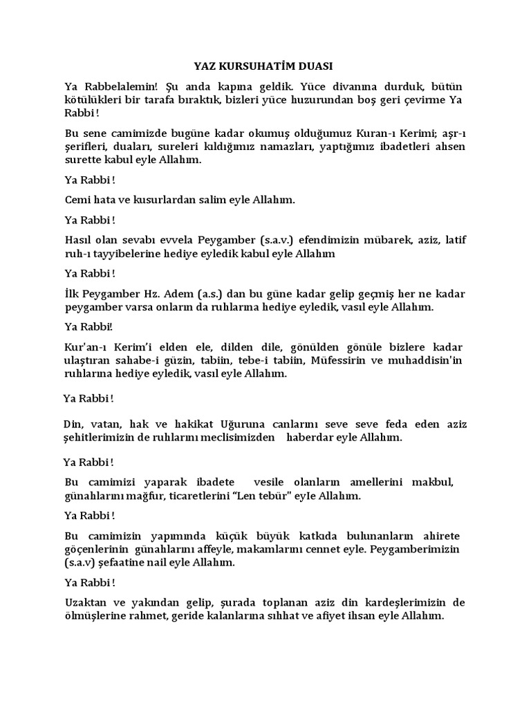 Yaz Kursu Hatim Duası | PDF