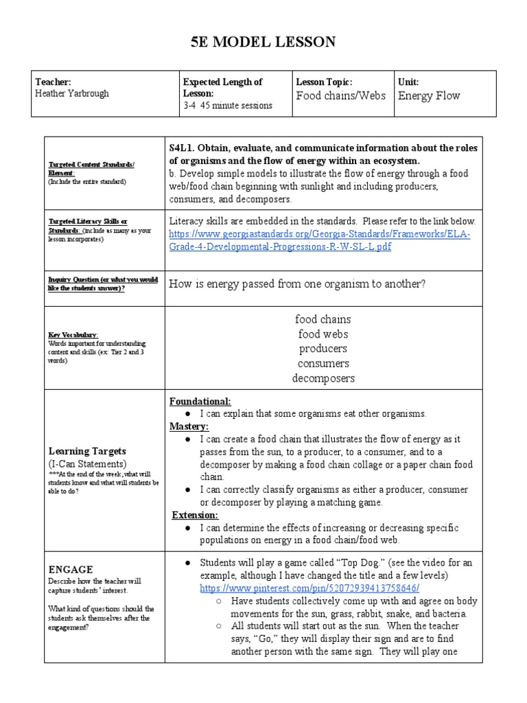 4th Grade Food Chains Model Lesson | PDF | Foods
