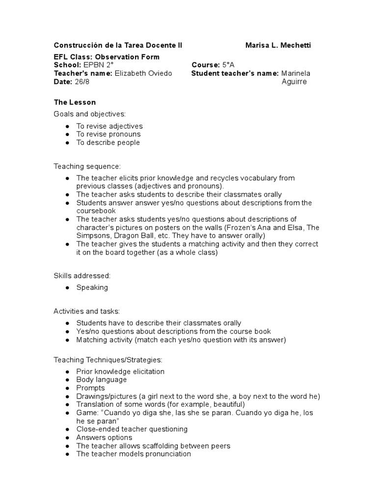 Observation Sheet | PDF | Teachers | Linguistics