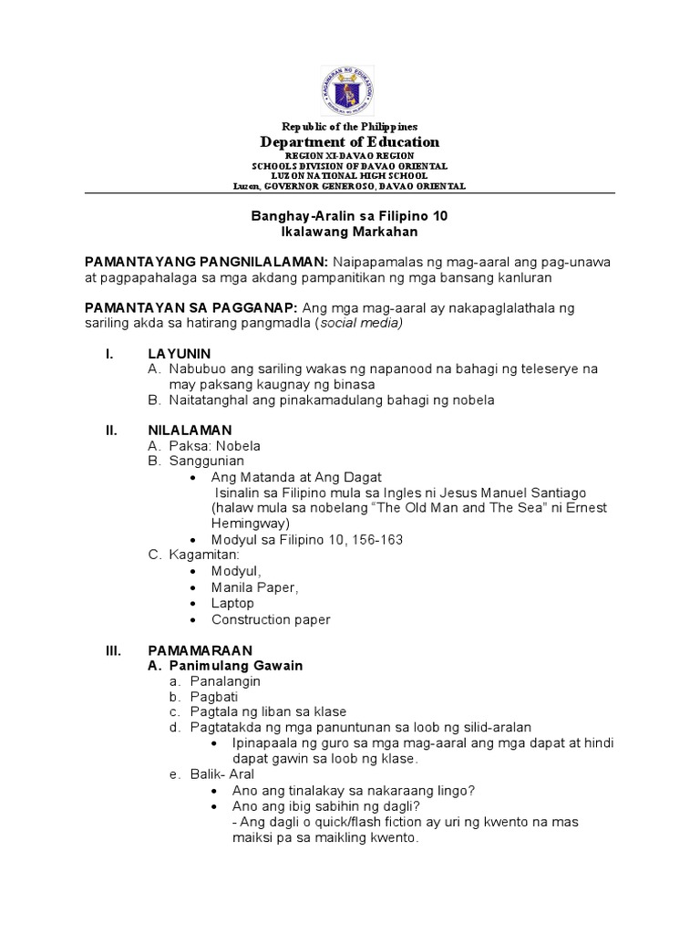Banghay Aralin Sa Filipino 10 | PDF