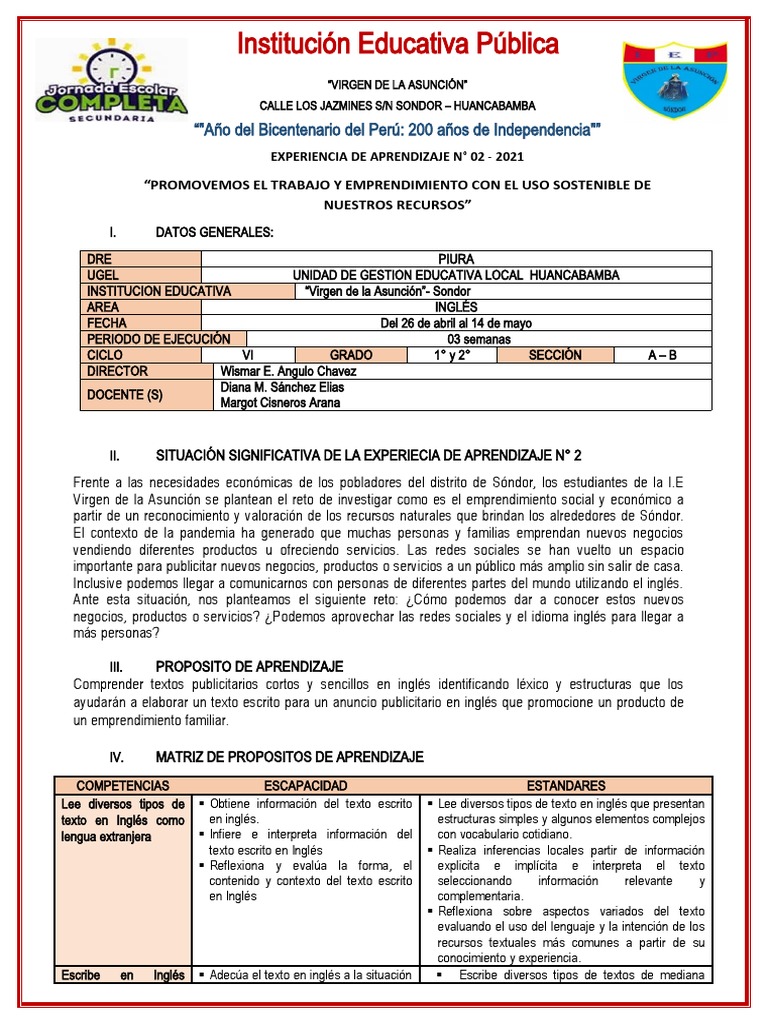 Experiencia De Aprendizaje N 02 1 Y 2 Ingles Pdf Método De