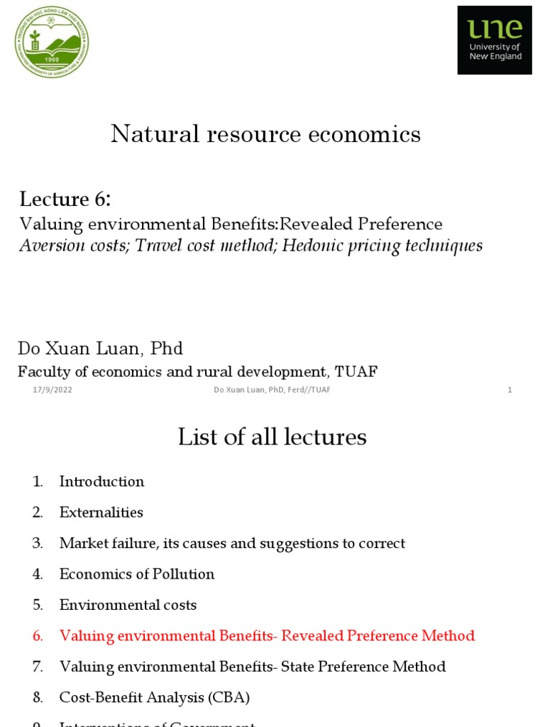 Lecture 6-Measuring Benefits - Revealed Preference Method | PDF | Cost–Benefit Analysis | Cost