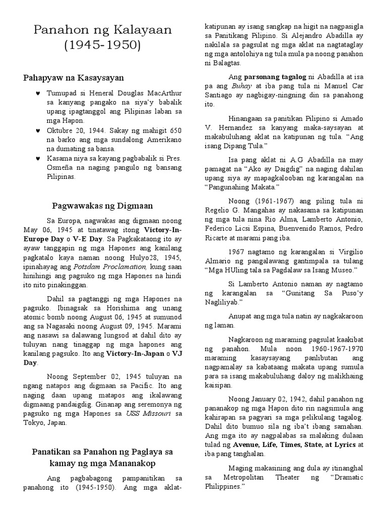 Lecture in PAL - Panahon NG Kalayaan | PDF