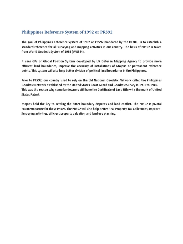 Philippines Reference System of 1992 or PRS92 | PDF