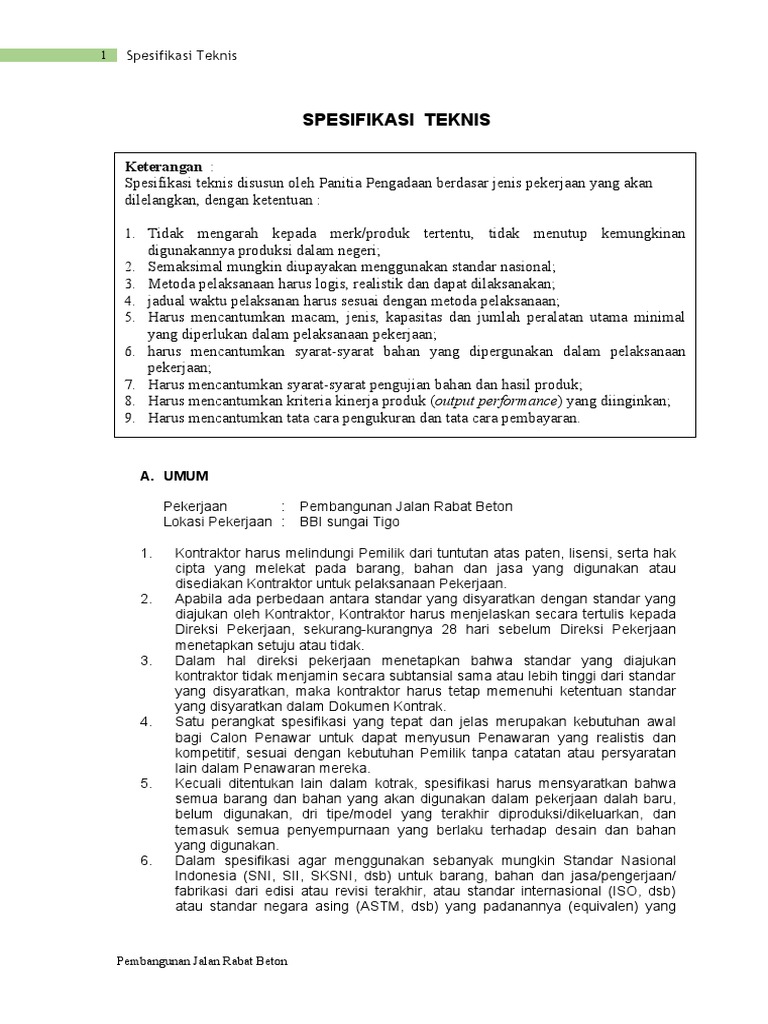 SPEK TEKNIS Jalan Rabat Beton | PDF