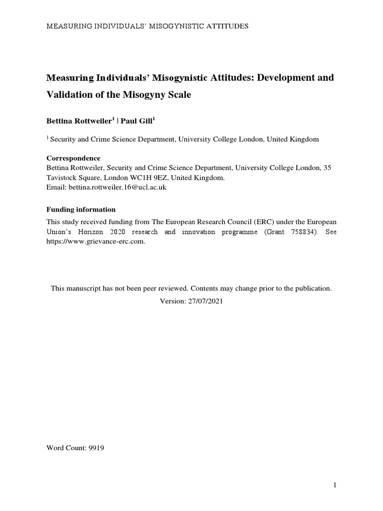 Measuring Individuals' Misogynistic Attitudes - Development and Validation of The Misogyny Scale ...