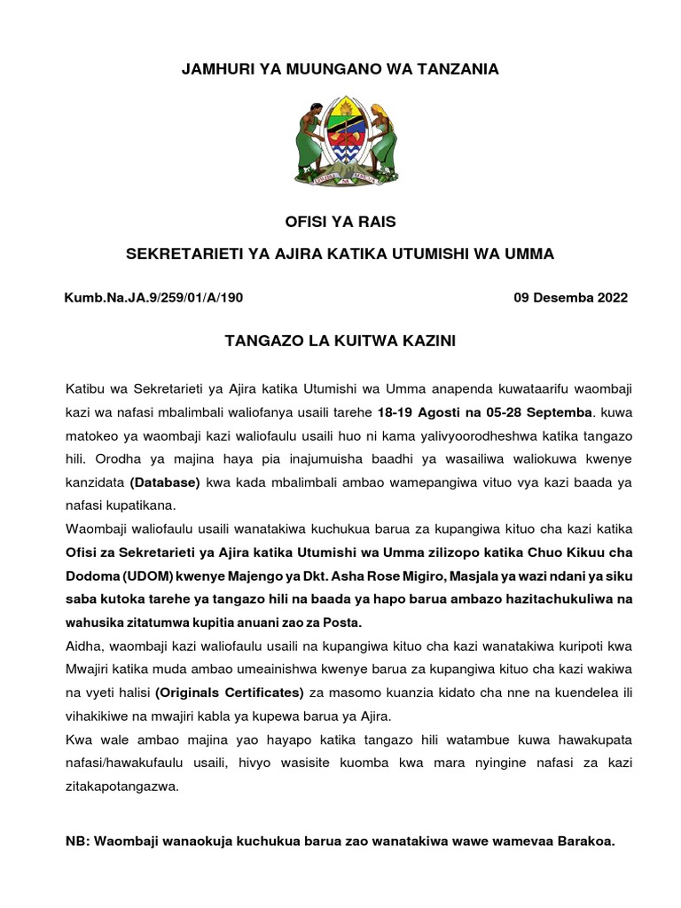 221211024459tangazo La Kuitwa Kazini Taasisi Mbalimbali Za Umma | PDF