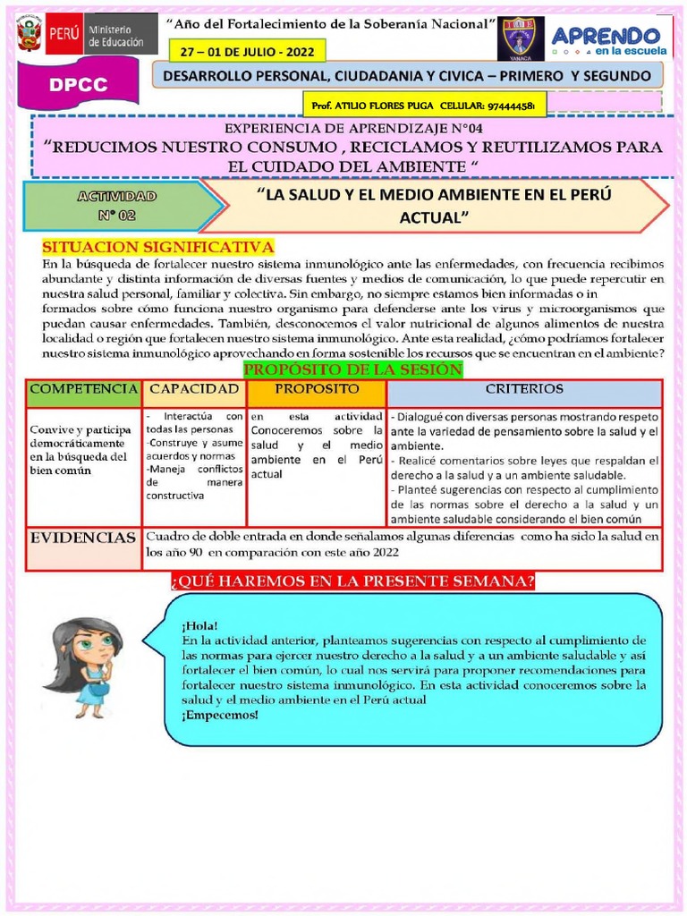 Experiencia de Aprendizaje 04 - Desarrollo Personal Ciudadania y Civica - Actividad 02 - 1ero y ...