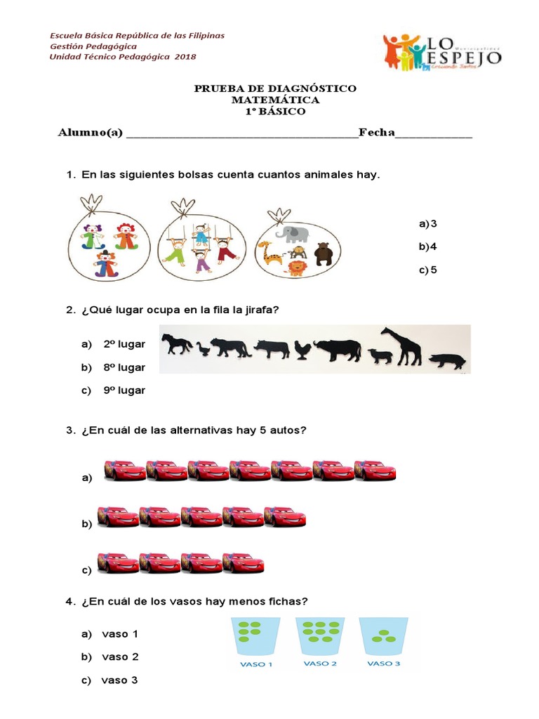 Prueba Diagnóstica de Matemáticas 1º Básico | PDF