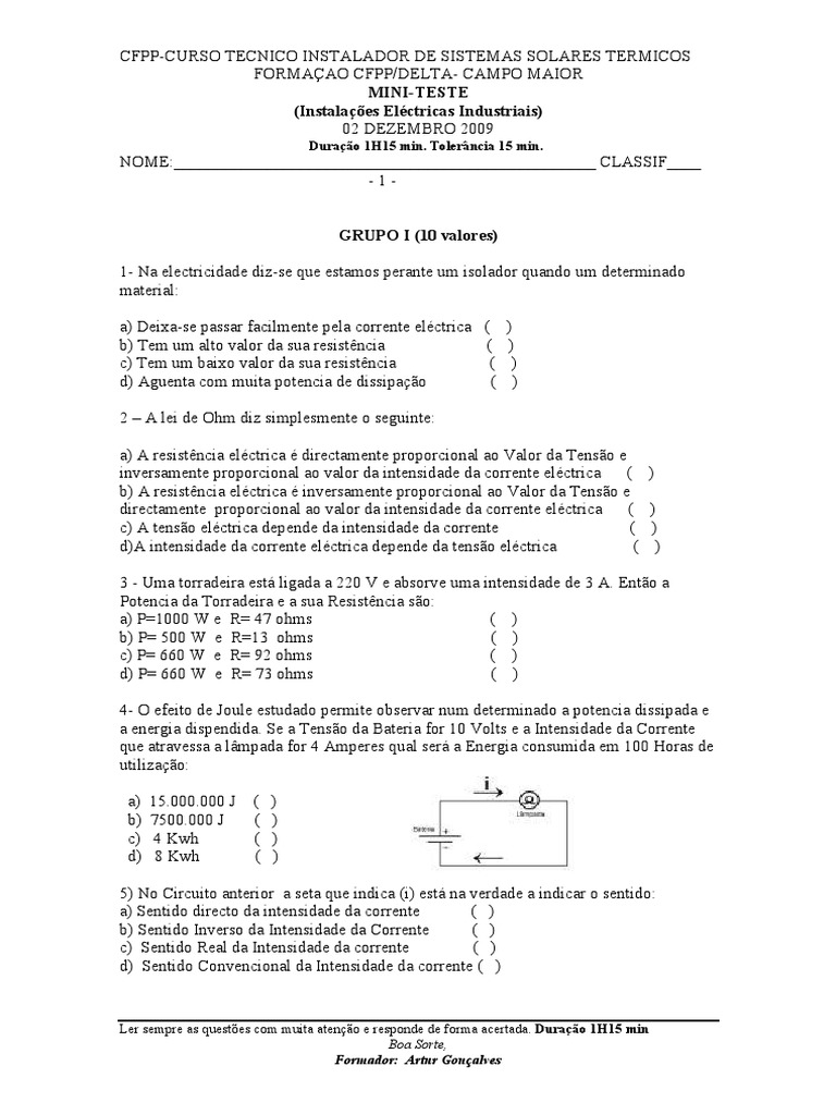 Teste 1 - Instalaçoes Electricas Industriais | PDF | Resistência ...