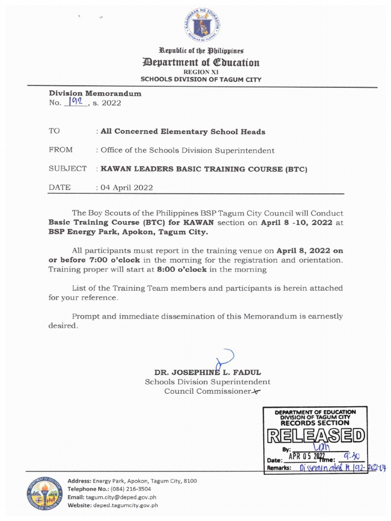 DM192 04 05 2022 Kawan Leaders Basic Training Course BTC | PDF