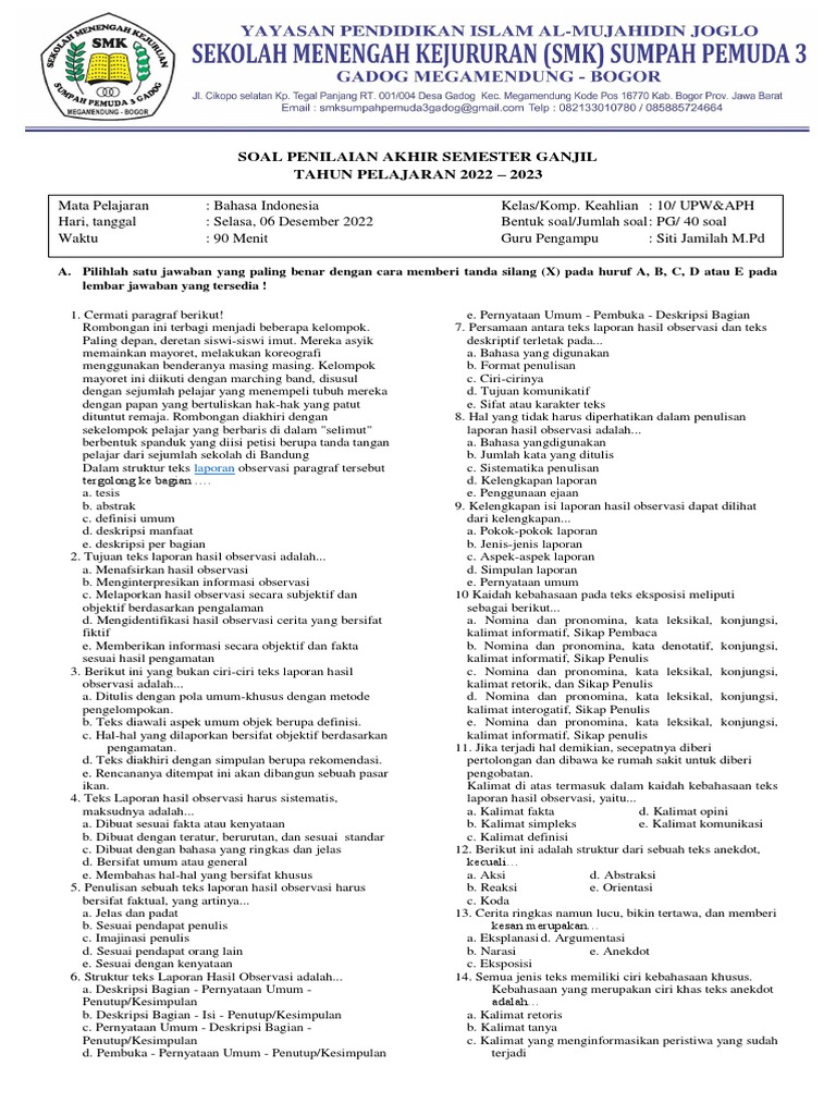 Soal Pas B.indo | PDF | Seni & Disiplin Bahasa