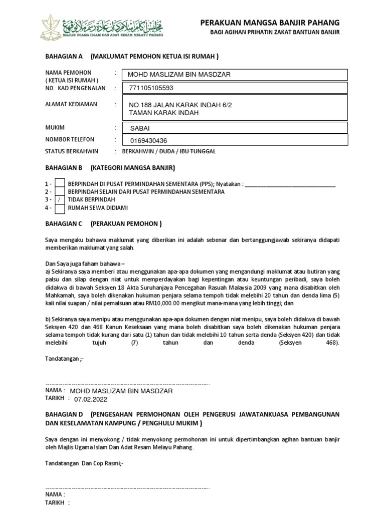 Borang Perakuan Mangsa Banjir 2021 | PDF