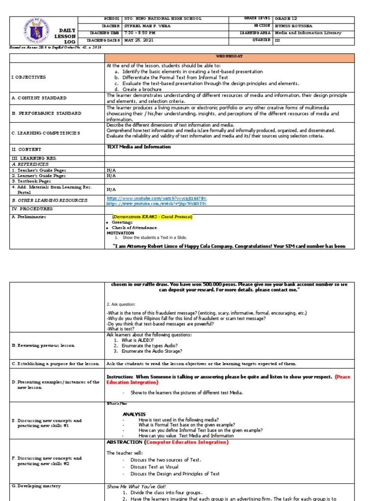 Cot - Lesson Plan - Text Media and Information | PDF | Learning ...