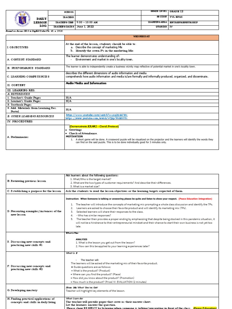 Cot - Lesson Plan - Entrep 2022 | PDF | Learning | Teachers