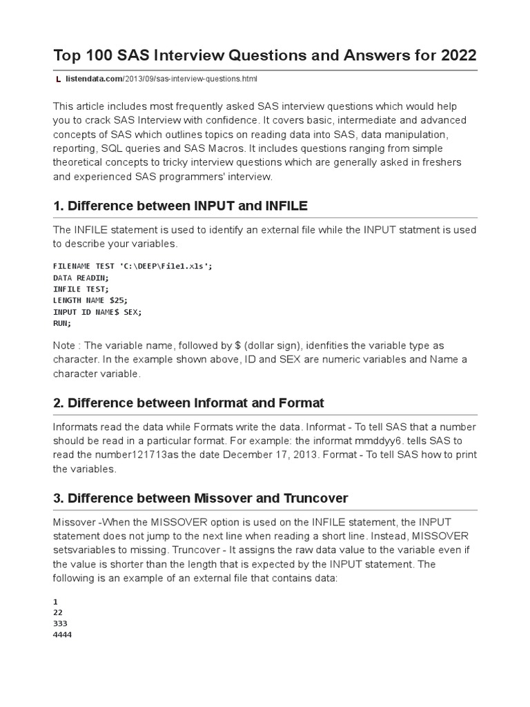 Top 100 SAS Interview Questions 2022 | PDF | Sas (Software) | Parameter (Computer Programming)