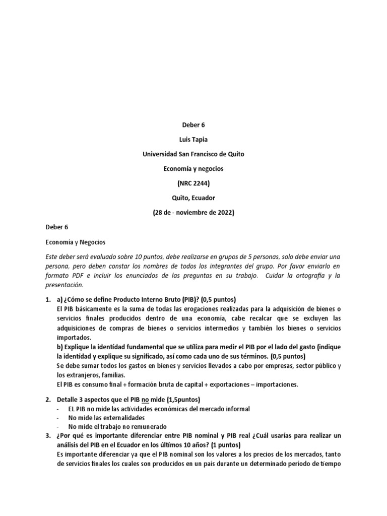 Deber 6 Luis Tapia Econ y Negocios USFQ | PDF | Producto Interno Bruto | Precios