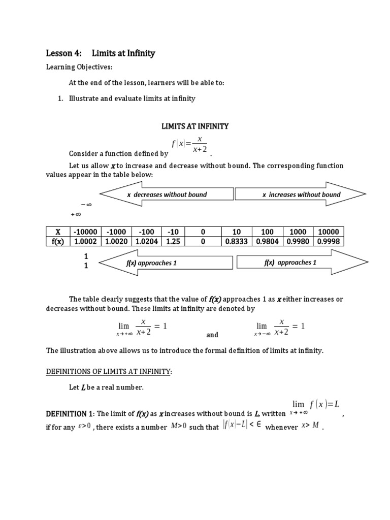 Lesson 4 - Limits at Infinity | PDF | Asymptote | Function (Mathematics)