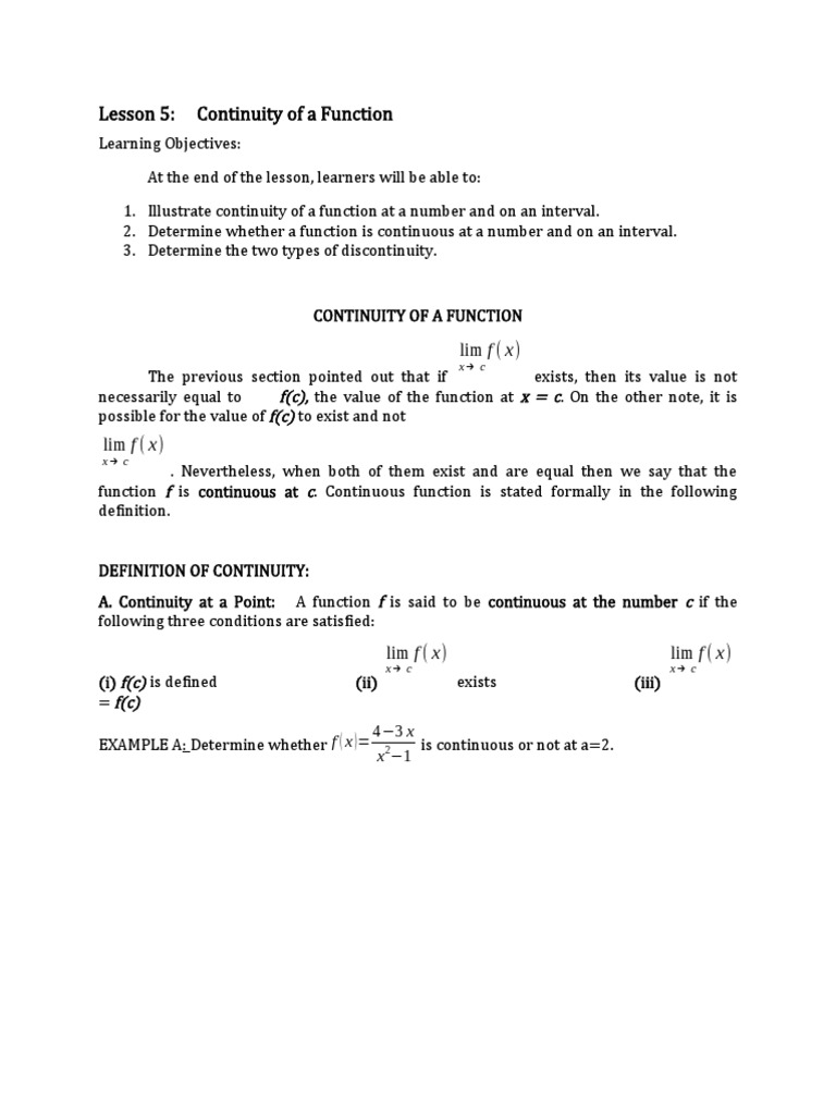 Lesson 5 - Continuity of A Function | PDF | Function (Mathematics) | Continuous Function