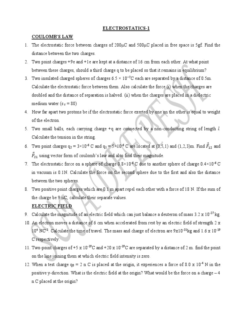 1.ELECTRICO STATICS WORKSHEET | PDF | Electric Charge | Electrostatics