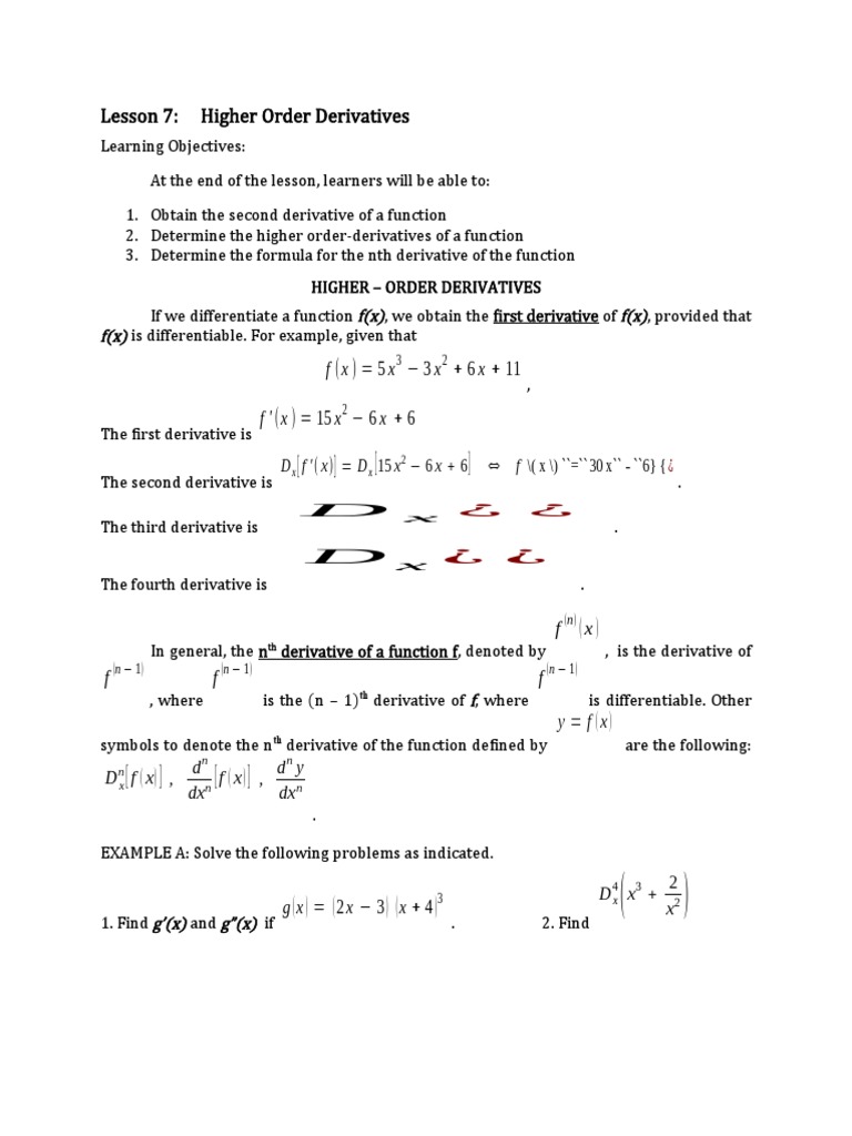 Lesson 7 - Higher Order Derivatives | PDF | Derivative | Function (Mathematics)