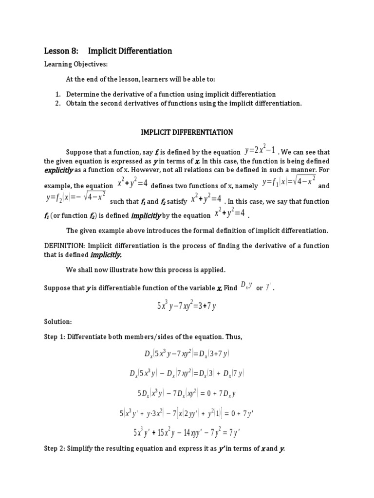 Lesson 8 - Implicit Differentiation | PDF | Derivative | Function (Mathematics)