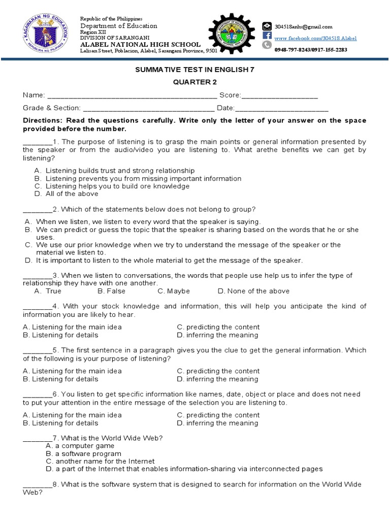 Grade 7 English Summative Test Q2 | PDF | World Wide Web | Internet & Web