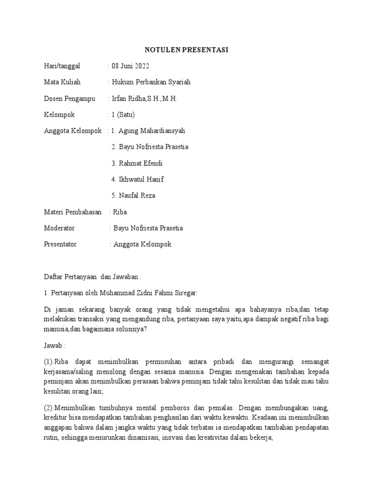 Notulen Presentasi Kelompok 1 | PDF