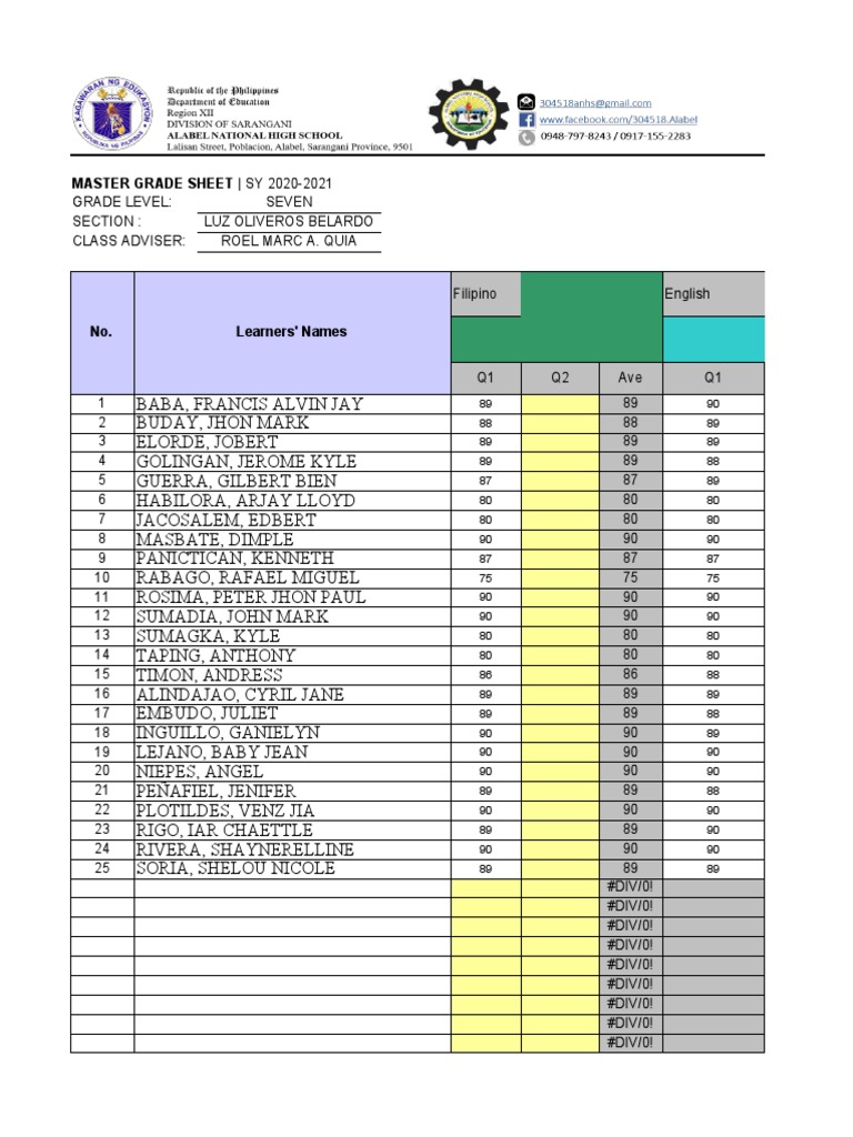 BELARDO QUARTER 2 Classifying Learners Grades Master Grade Sheet With Formula Blank Form | PDF
