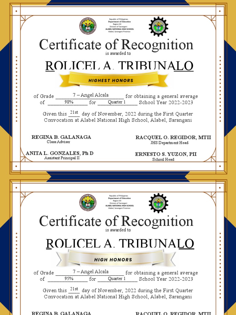 1st Quarter Recognition Certificate | PDF | Philippines
